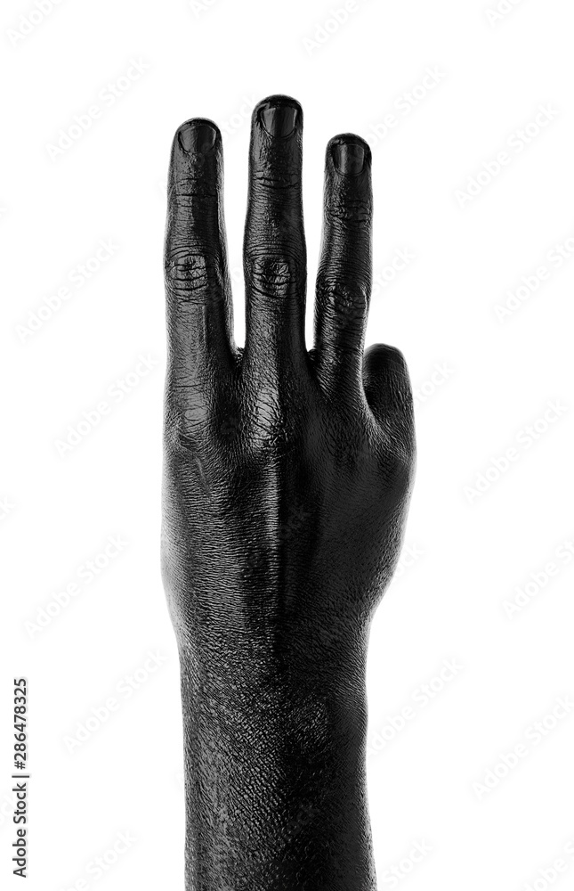 Black hand on white background, isolated, paint. ..Male hand isolated ...