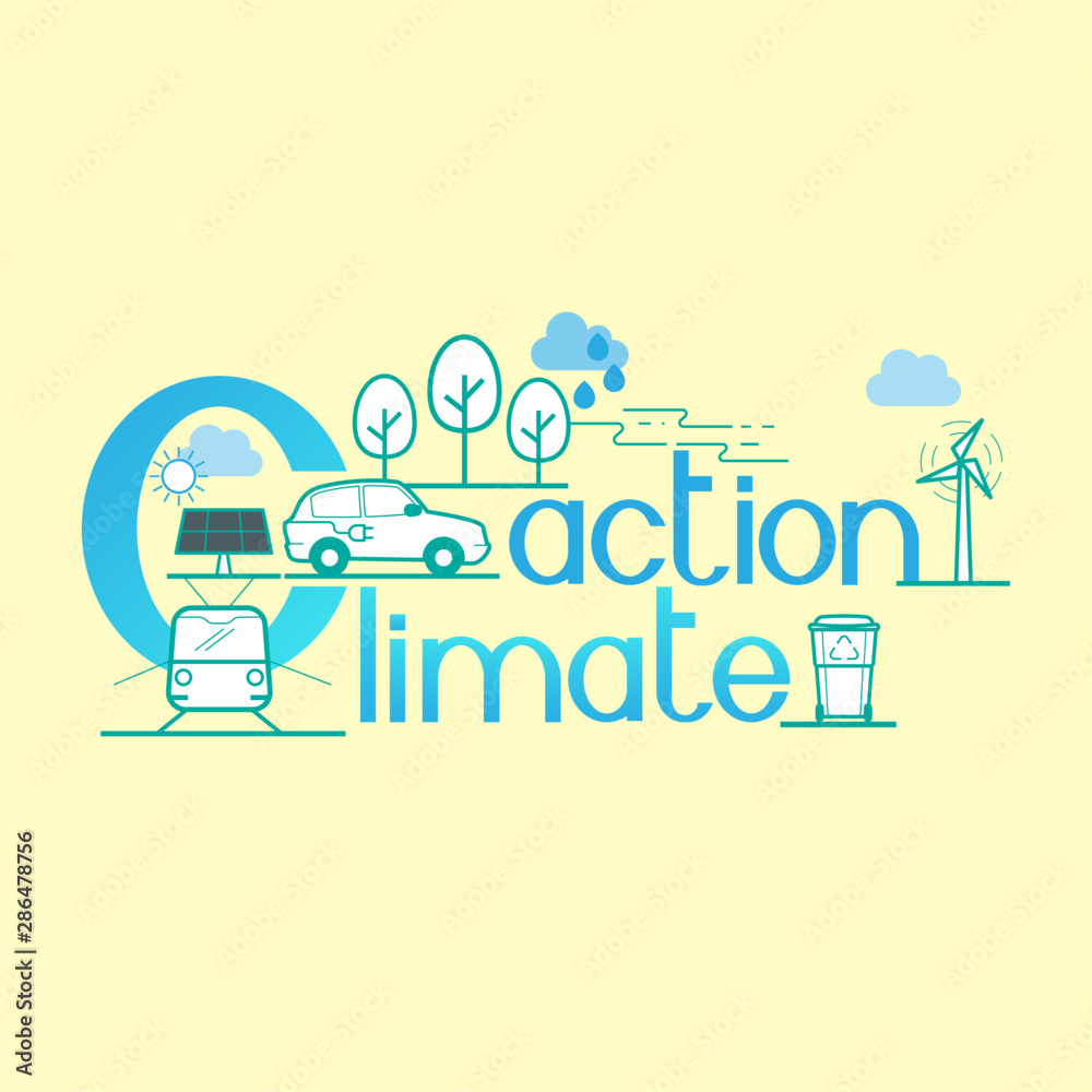 Climate action typographic design. Climate change solutions pictorial ...