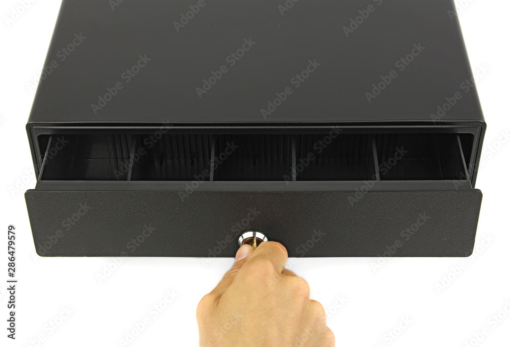hand with key open black cash drawer, top view white background ...