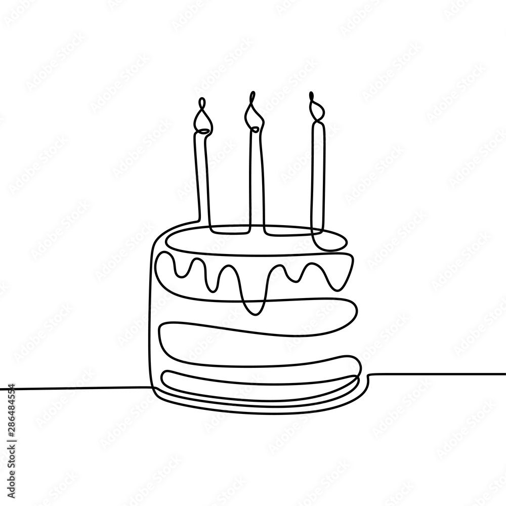 Continuous line drawing Birthday cake with candle. Symbol of ...
