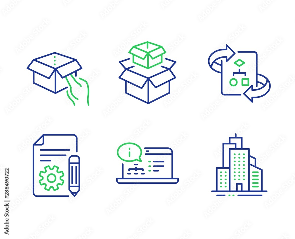 Packing boxes, Hold box and Technical algorithm line icons set. Documentation, Online ...
