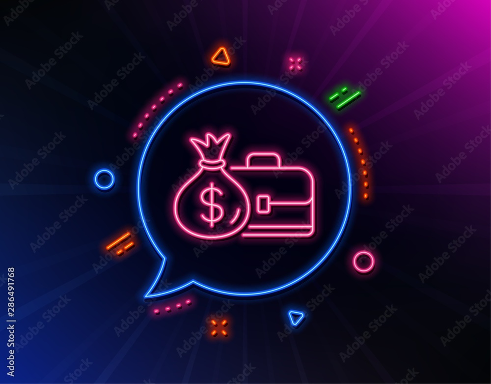 Business case line icon. Neon laser lights. Portfolio and Salary symbol ...