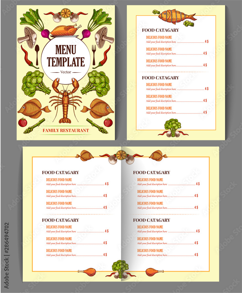 Restaurant cafe menu, template design. Food menu brochure with hand ...