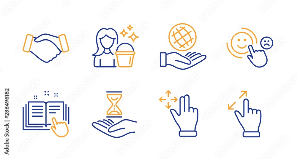 Customer satisfaction, Technical documentation and Handshake line icons set. Safe planet, Move ...