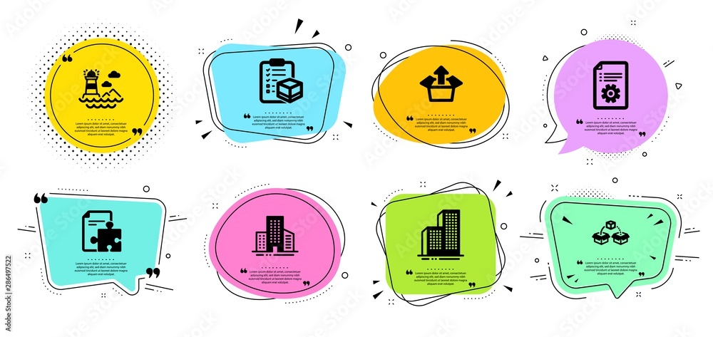 Parcel shipping, Skyscraper buildings and Send box line icons set. Chat ... Parcel shipping, Skyscraper buildings and Send box line icons set. Chat ...