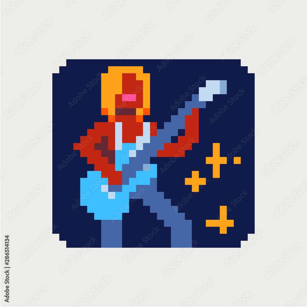 Man sings and plays guitar rock star pixel art vector illustration ...