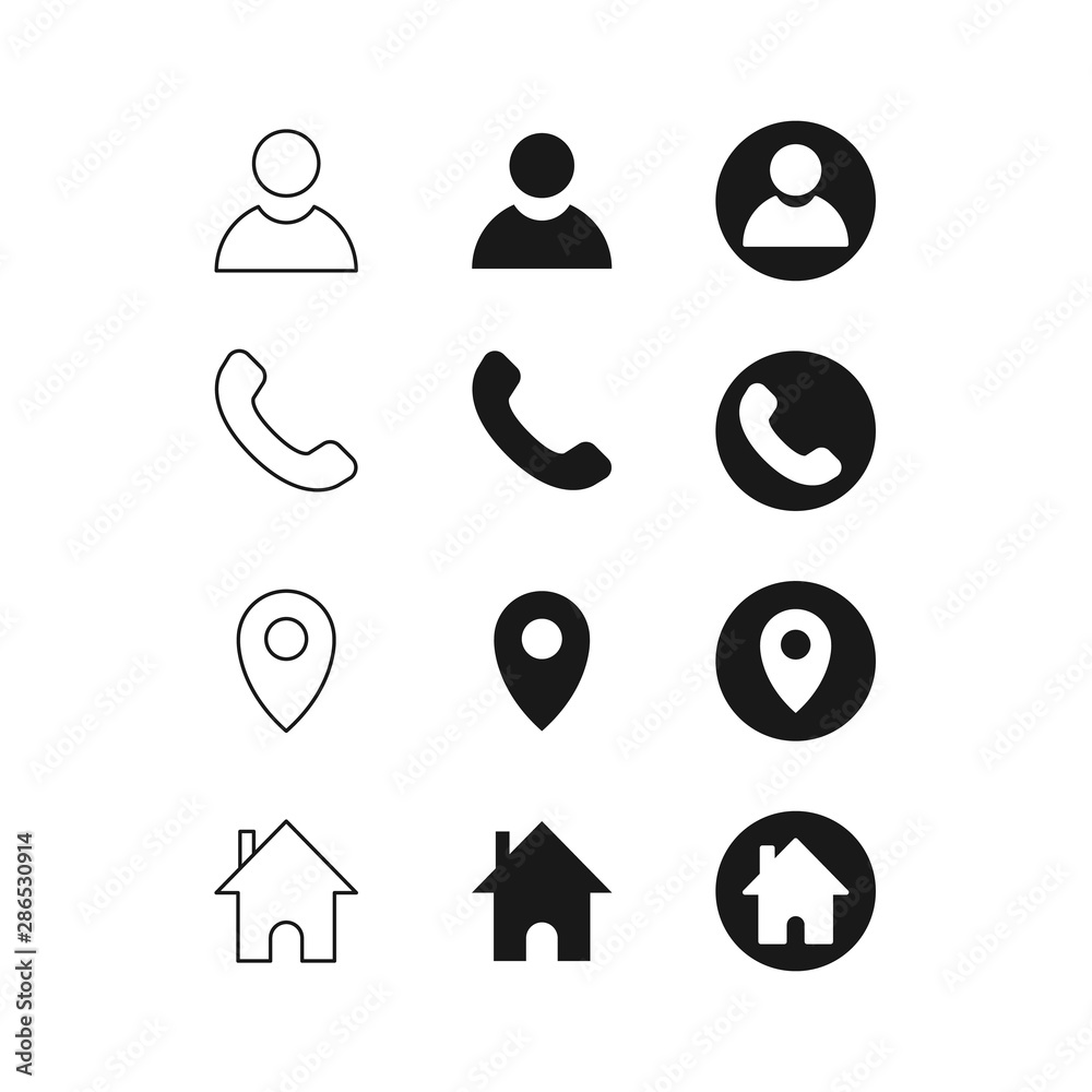 Set of contact detail icon isolated on white background in black. Phone ...
