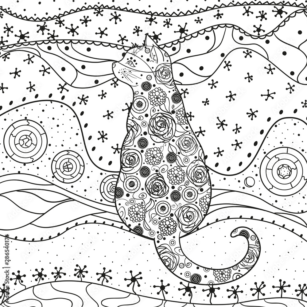 Ornate cat on pattern. Hand drawn abstract patterns on isolation ...