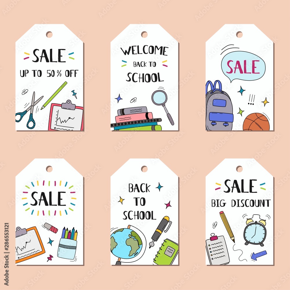 Back to school vector tags with school elements and education items for ...