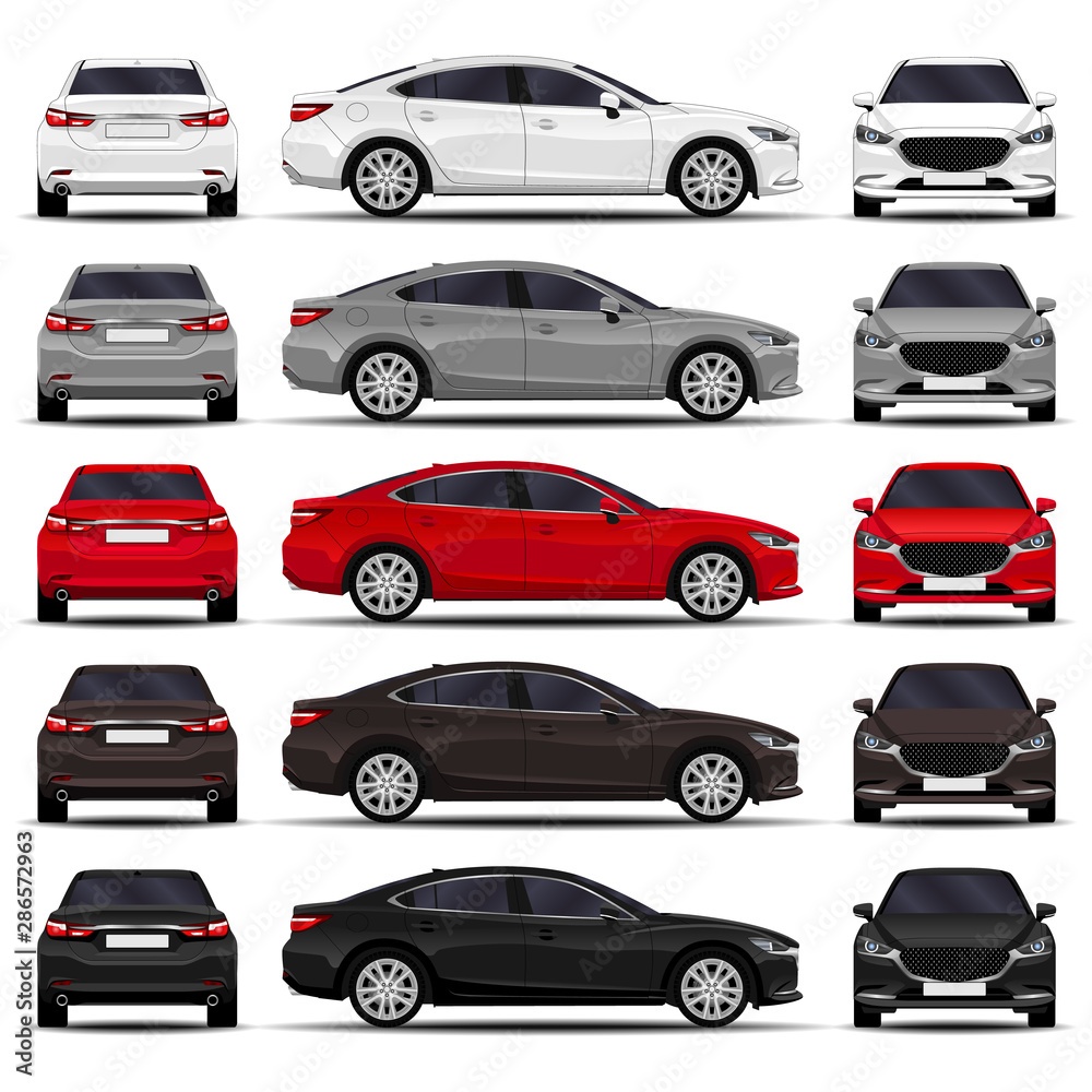 Poster realistic car. sedan cars set. front view; side view; back view ...