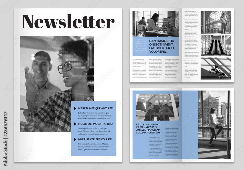 Newsletter Layout with Blue Elements Stock Template | Adobe Stock