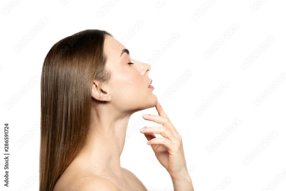Beautiful woman profile portrait on white background. Stock Photo ...