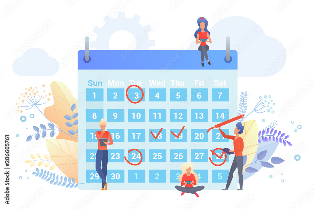 Workers planning time with calendar flat vector illustration. People ...