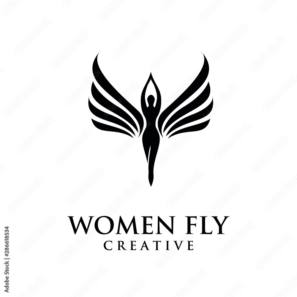 women fly angel logo, award, and wings with silhouette style Stock ...
