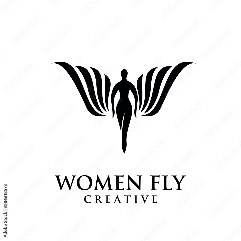 women fly angel logo, award, and wings with silhouette style Stock ...