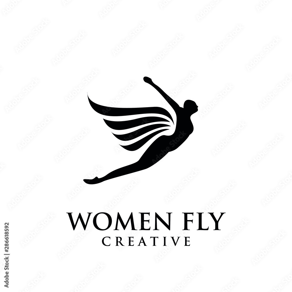 women fly angel logo, award, and wings with silhouette style Stock ...