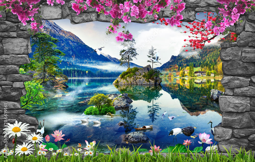 3d nature wallpaper and background stone brick Stock Photo | Adobe Stock