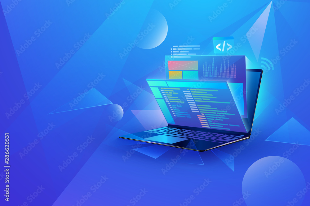 web development technology concept design. Laptop with virtual ...