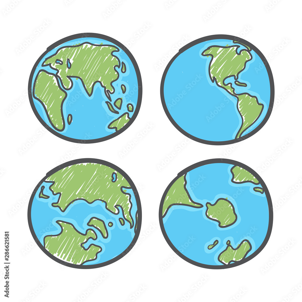 Earth drawing on white background. World map or globe in doodles style ...