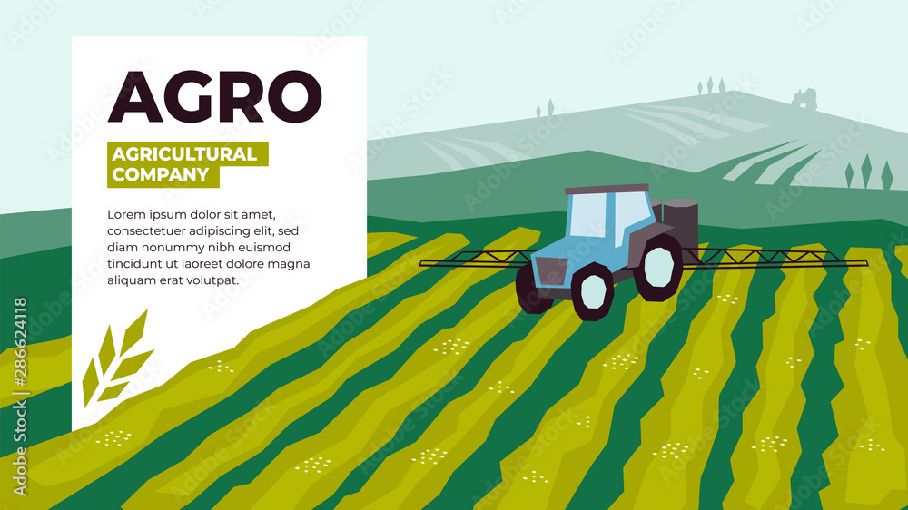 Vector illustrations of agriculture with irrigation tractor spraying on ...