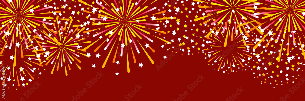 Horizontal panoramic banner with golden fireworks on red background for ...