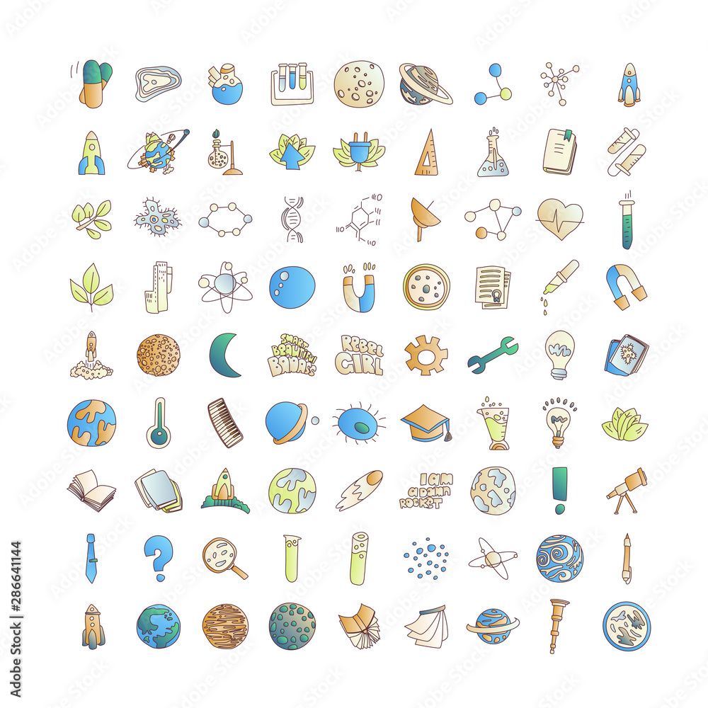 Cute cartoon icons on science, school, study theme. Physics, chemistry ...