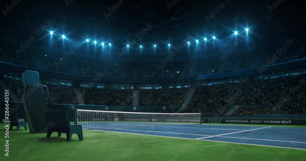 Vidéo Stock Lighting the tennis blue court before the game in the hall ...