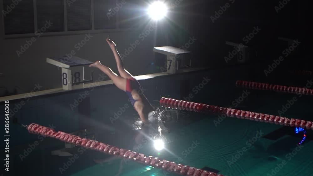 Vidéo Stock Male swimmer jumps off starting block and start swims in ...