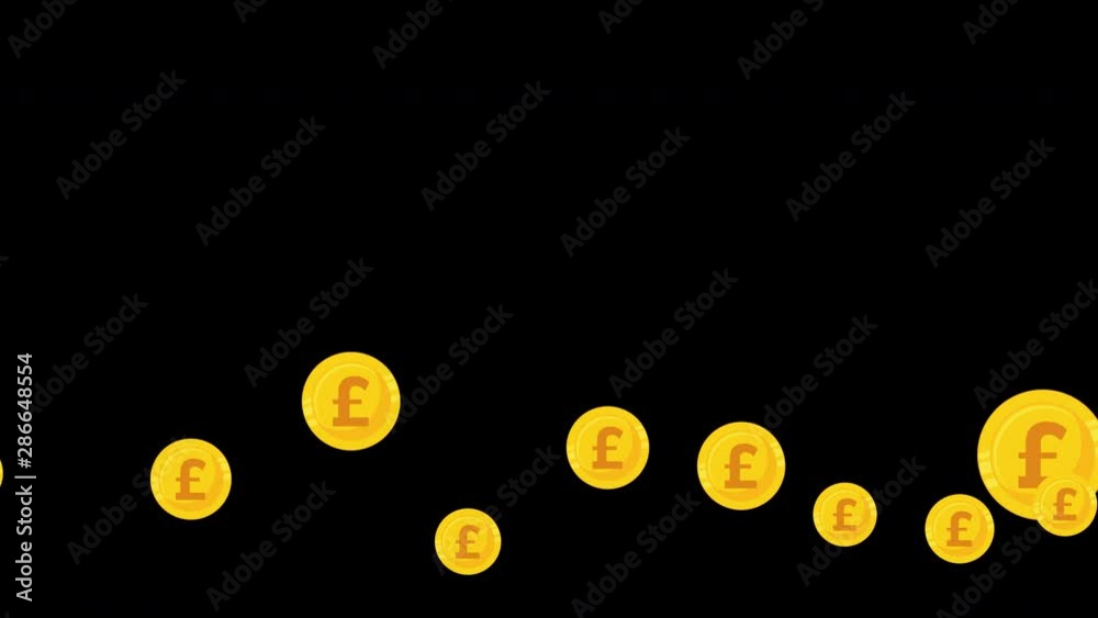 Golden Sterling Pound coins flux moving in slow motion. 4k animation ...
