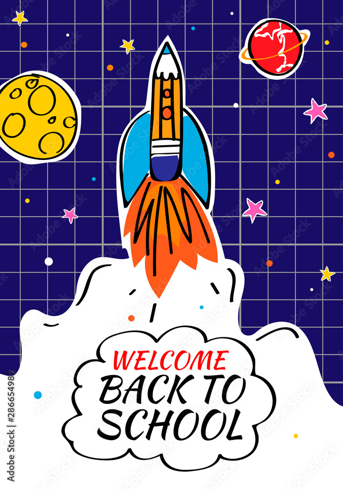 Back to school poster with doodles rocket and space background. Vector ...