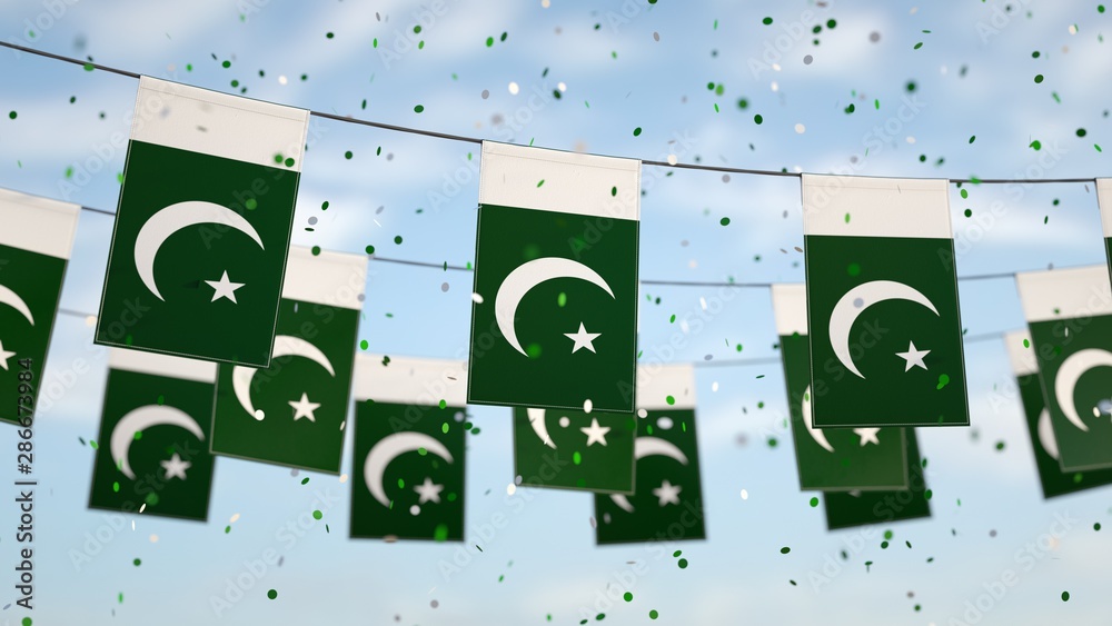 Pakistan flags in the sky with confetti. Stock Photo | Adobe Stock