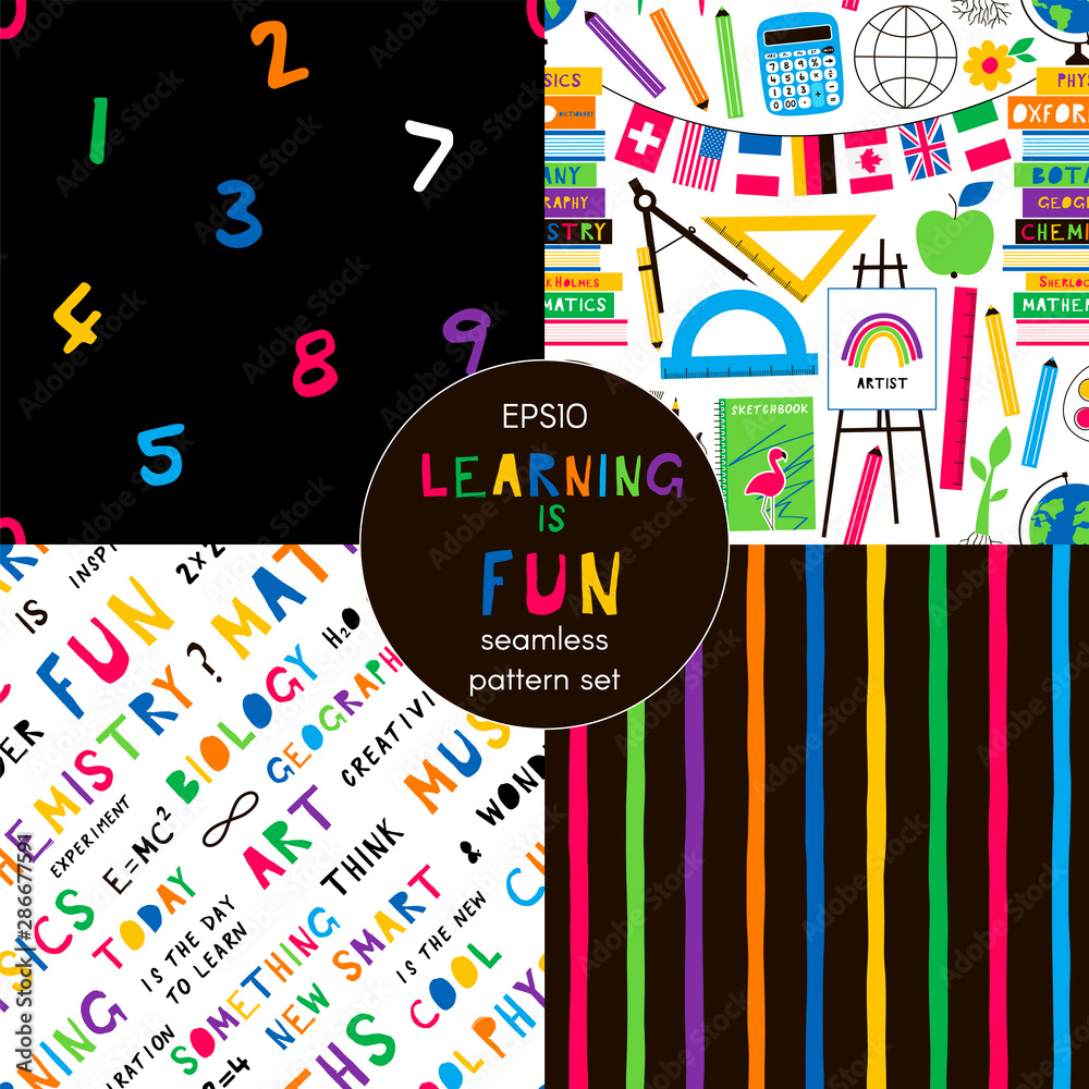 School education cartoon vector seamless pattern set. Multicolor ...