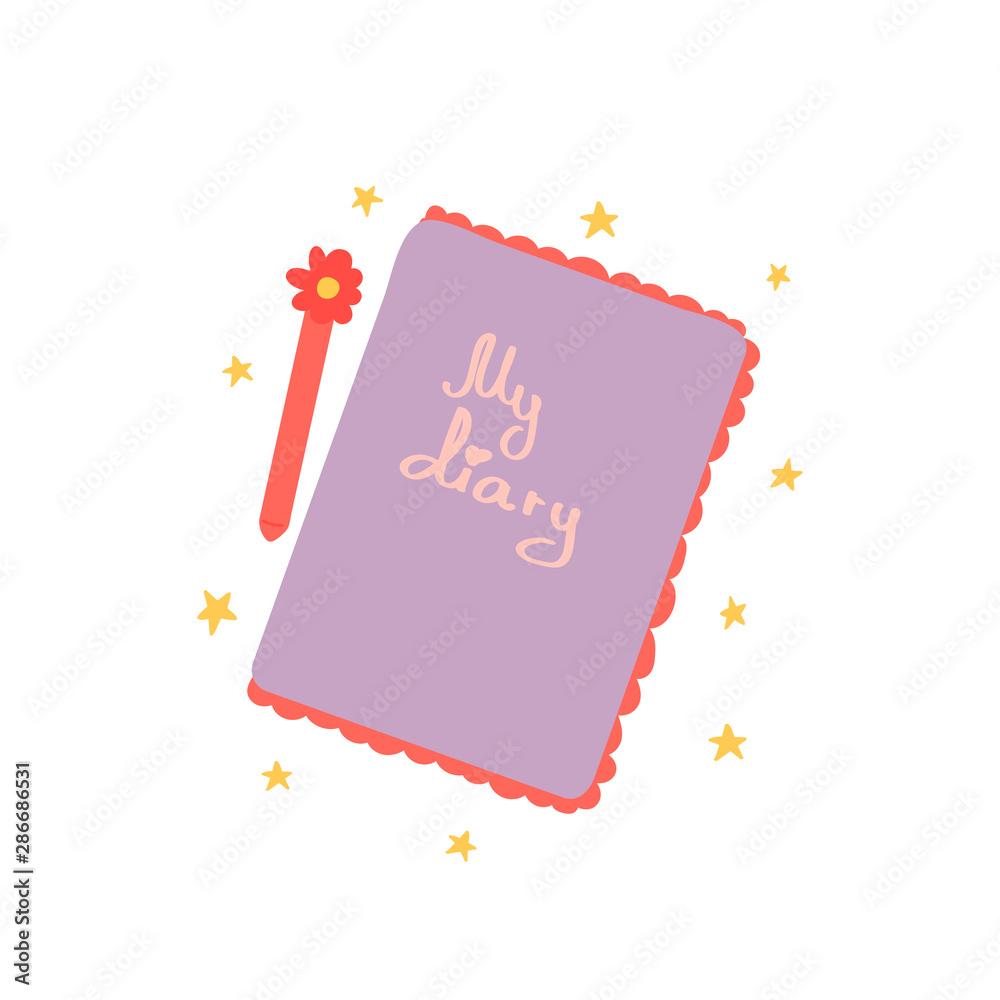 Cute diary notebook of a girl Isolated on a white background. Vector ...