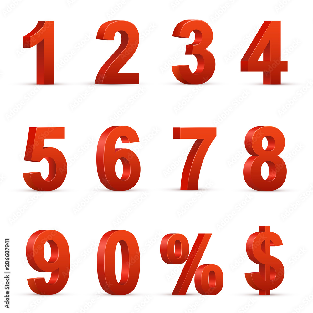 Red numbers and symbols 3D illustrations set Stock Vector | Adobe Stock