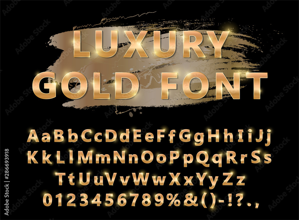 Shiny modern gold font isolated on black background. Vintage golden ...