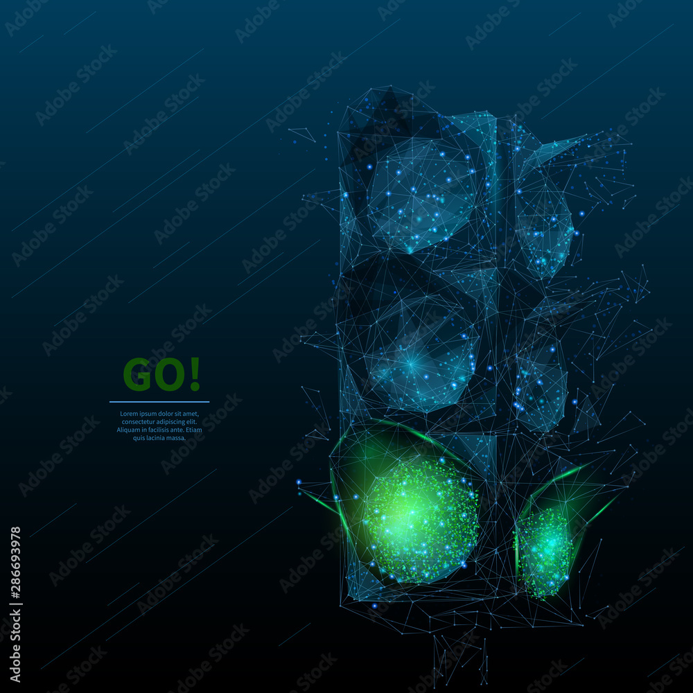 Green traffic light low poly wireframe banner template. 3D traffic ...