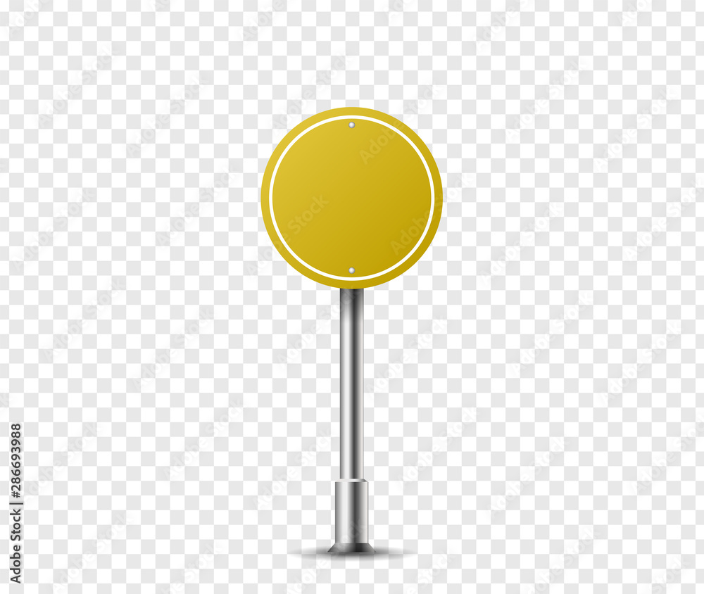 Realistic round traffic sign on metal steel pole isolated. Yellow road ...