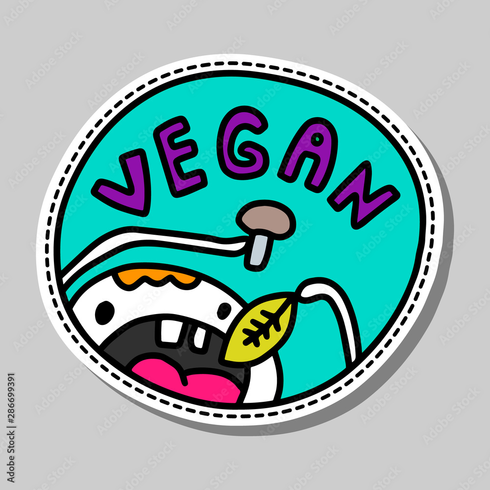 Vegan hand drawn vector illustration in cartoon style hungry man eating ...