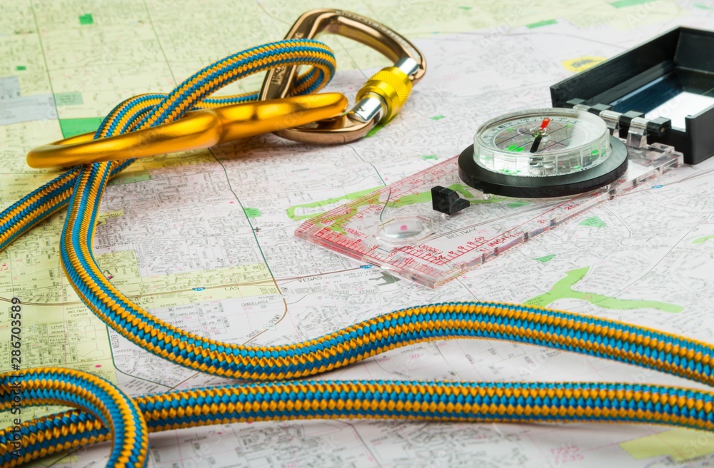 Climbing Map with Compass and Mountaineering Equipment Stock Photo ...