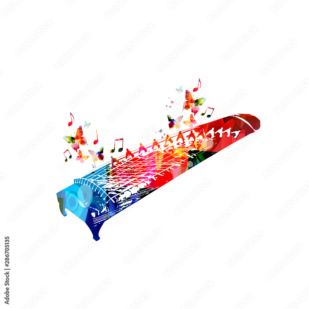 Colorful koto instrument with music notes isolated vector illustration ...