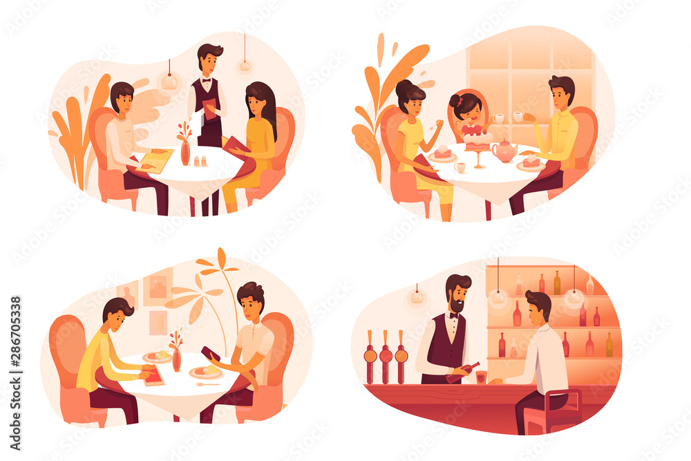 People eating at restaurant illustrations set isolated on white ...