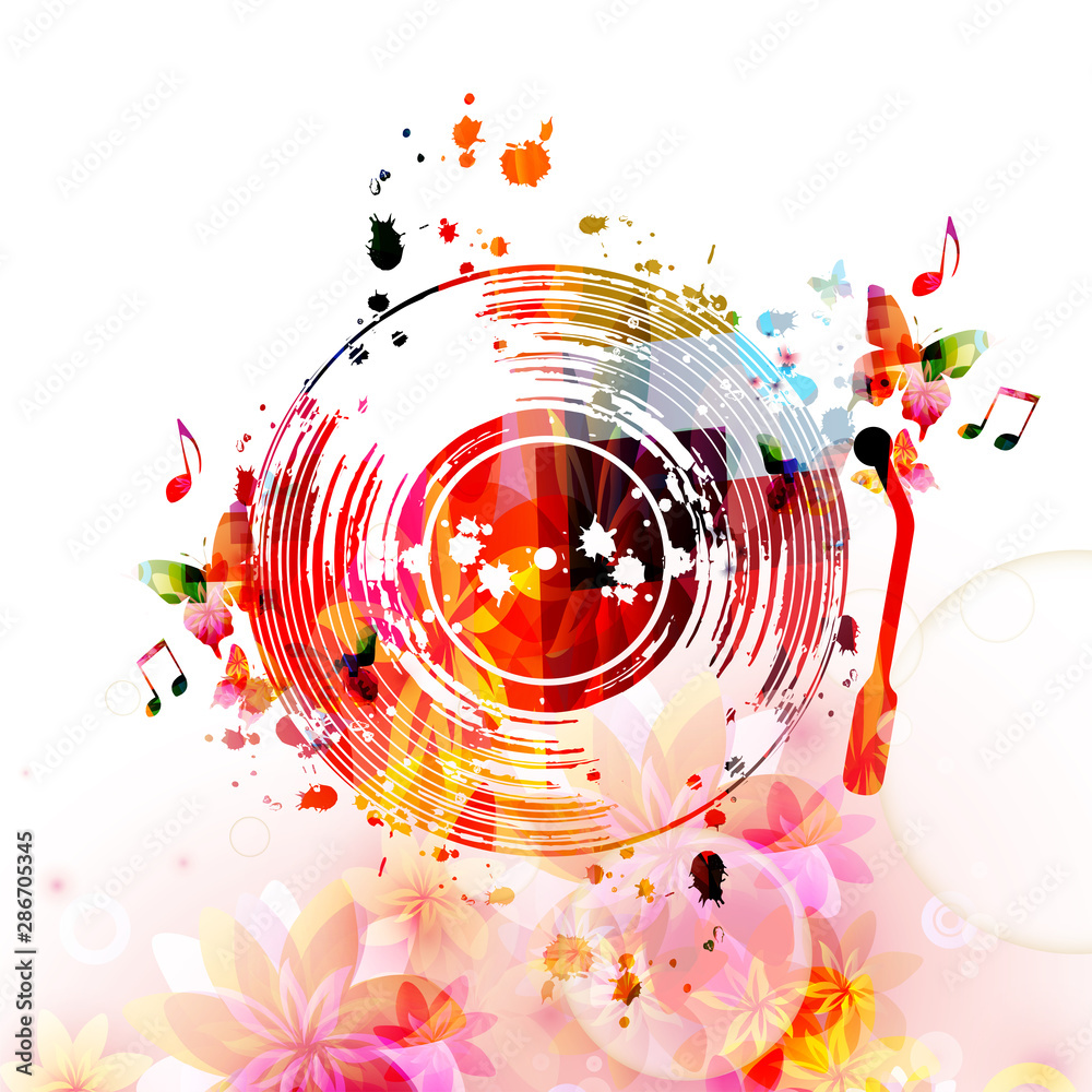 Music background with colorful vinyl record disc and music notes vector ...