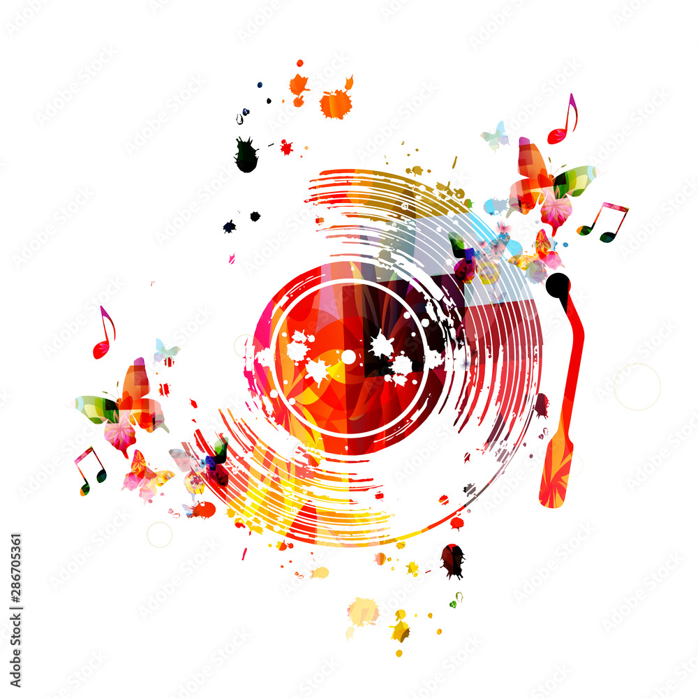 Music background with colorful vinyl record disc and music notes vector ...