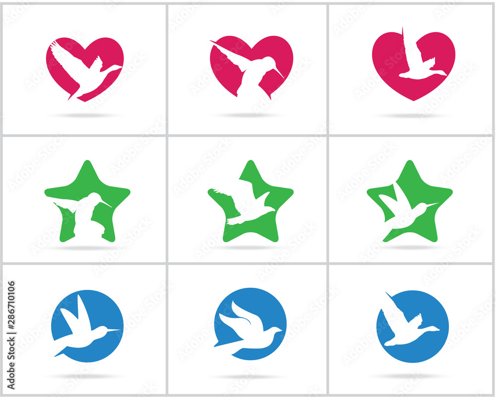 Birds logo collection. Duck in heart icons, dove and Humming bird in ...