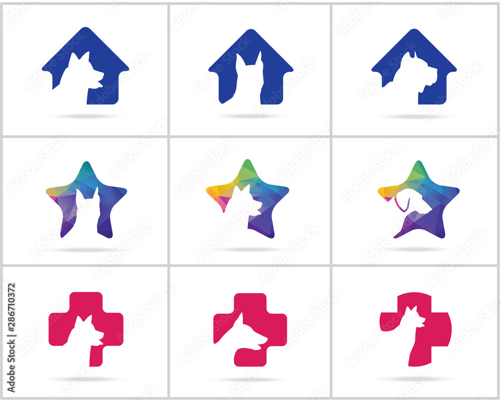 Dog logos set design, pet and animal health and care hospital vector ...