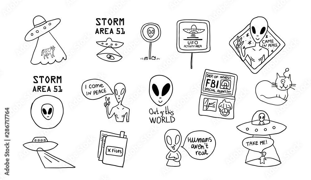 Set on a space theme with doodle aliens monsters Stock Vector | Adobe Stock