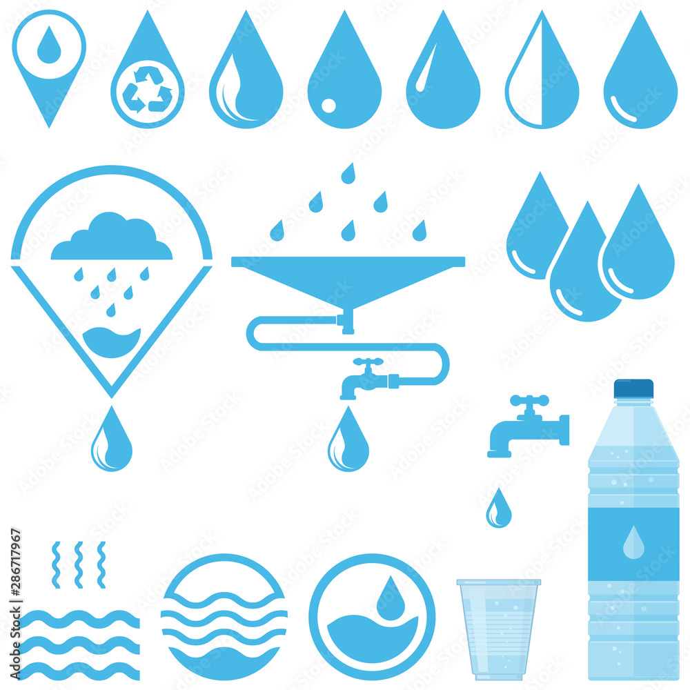 Water logo, icon set. Drops, waves, faucet, glass, bottle, map pointer ...