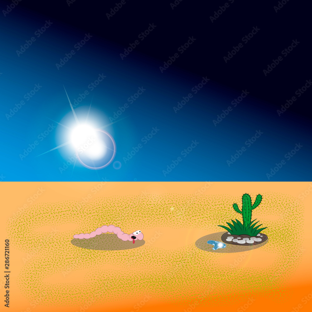 cartoon worm crawling under the scorching desert sun to a drop of water ...