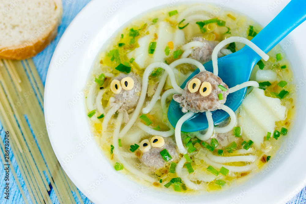 Octopus soup for kids lunch - potato soup with meatballs and spaghetti ...