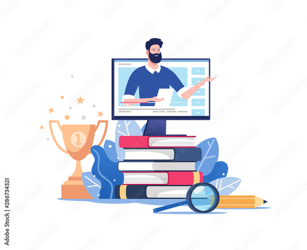 Online education or business training. Pile of books and computer with ...